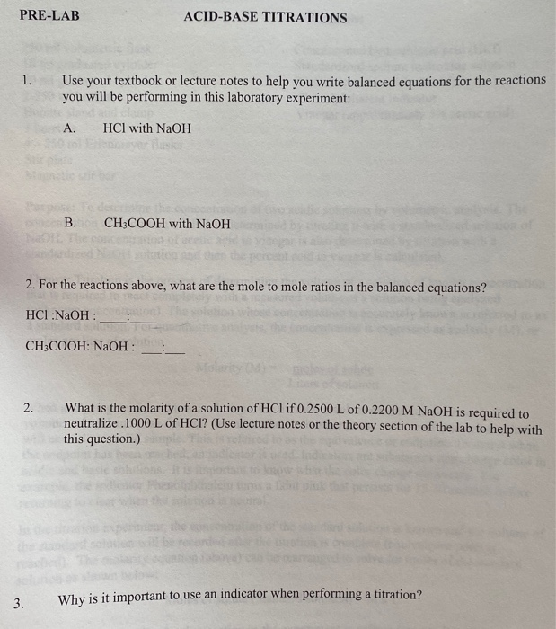 Solved PRE-LAB ACID-BASE TITRATIONS Use your textbook or | Chegg.com