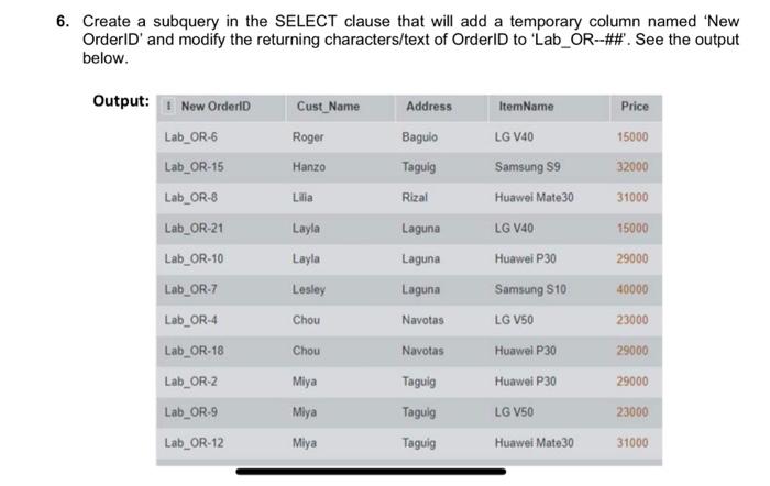 Solved 6. Create a subquery in the SELECT clause that will | Chegg.com