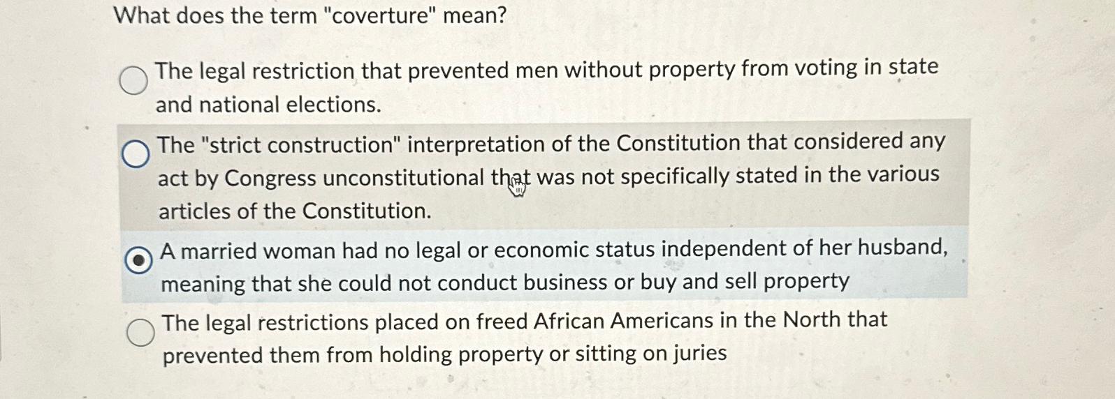 Solved What does the term "coverture" mean?The legal | Chegg.com