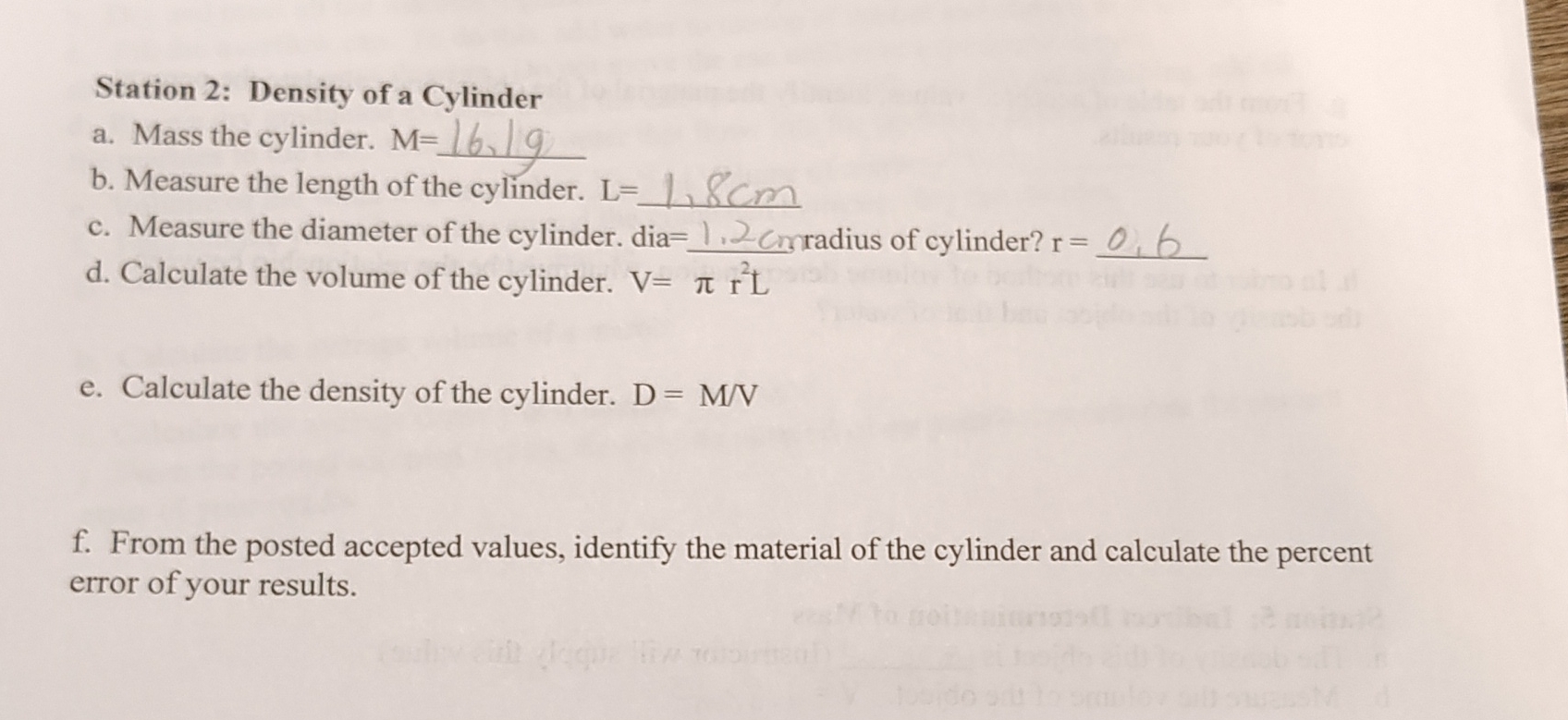 Station 2: Density of a Cylindera. ﻿Mass the | Chegg.com