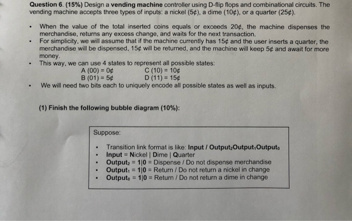 Solved Question 6.(15%) Design a vending machine controller | Chegg.com