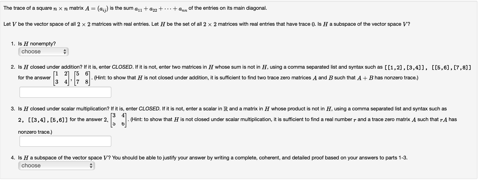 Solved The trace of a square n×n ﻿matrix A=(aij) ﻿is the sum | Chegg.com