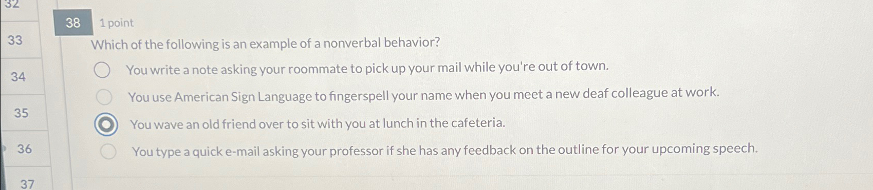 Solved 38 1 ﻿pointWhich of the following is an example of a | Chegg.com