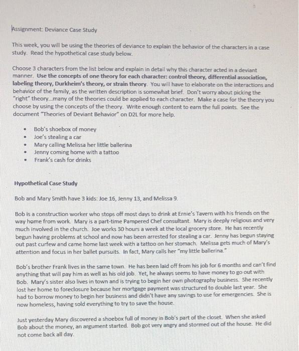 Assignment: Deviance Case Study This week, you will | Chegg.com