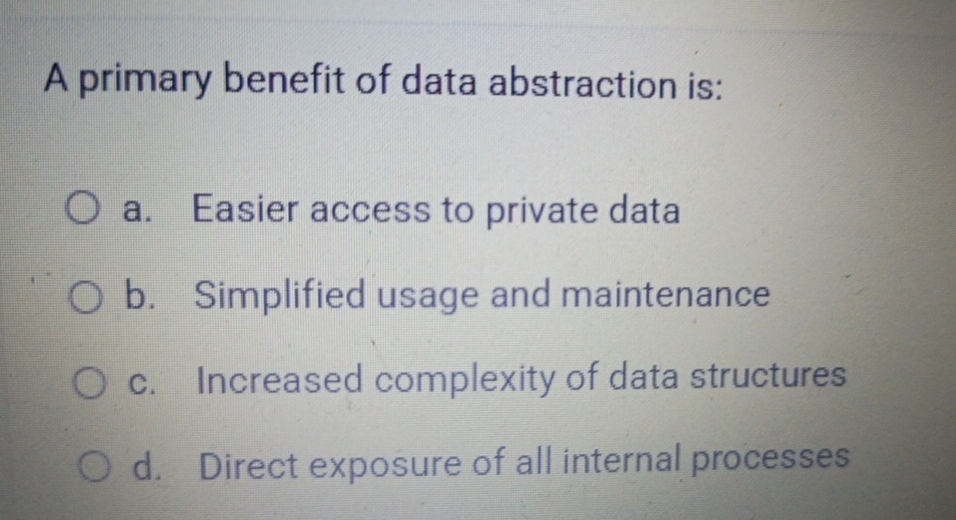 Solved A primary benefit of data abstraction is:a. ﻿Easier | Chegg.com