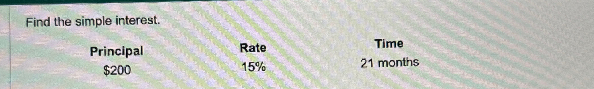 Solved Find the simple interest.PrincipalRateTime$20015%21 | Chegg.com