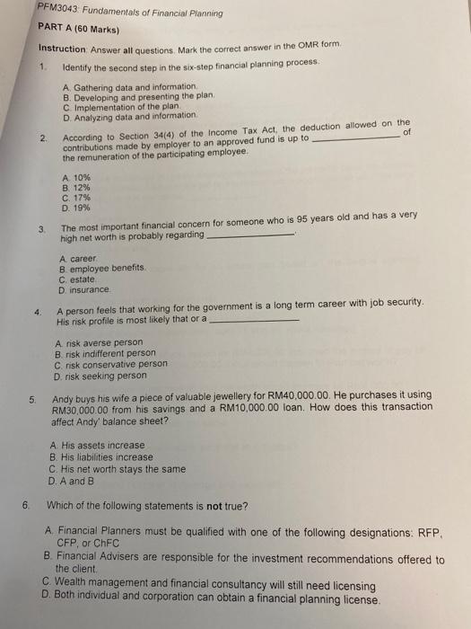 Solved PFM3043 Fundamentals of Financial Planning PART A ( | Chegg.com
