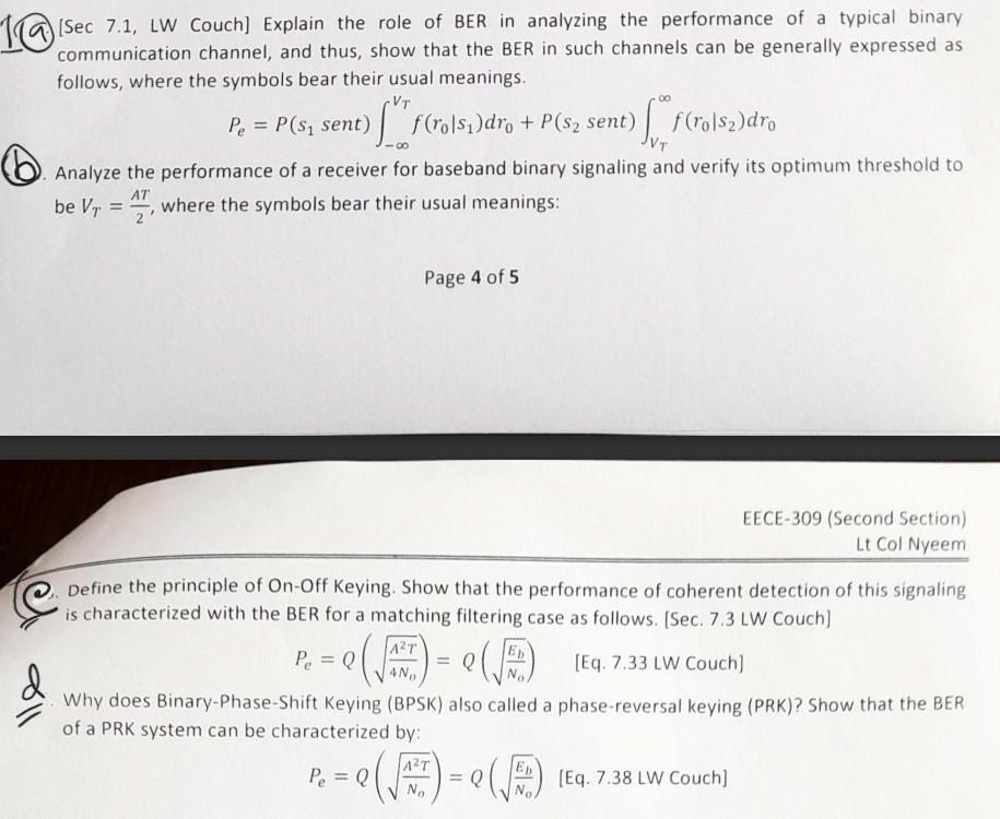 Solved (a) [Sec 7.1, LW Couch] Explain the role of BER in | Chegg.com