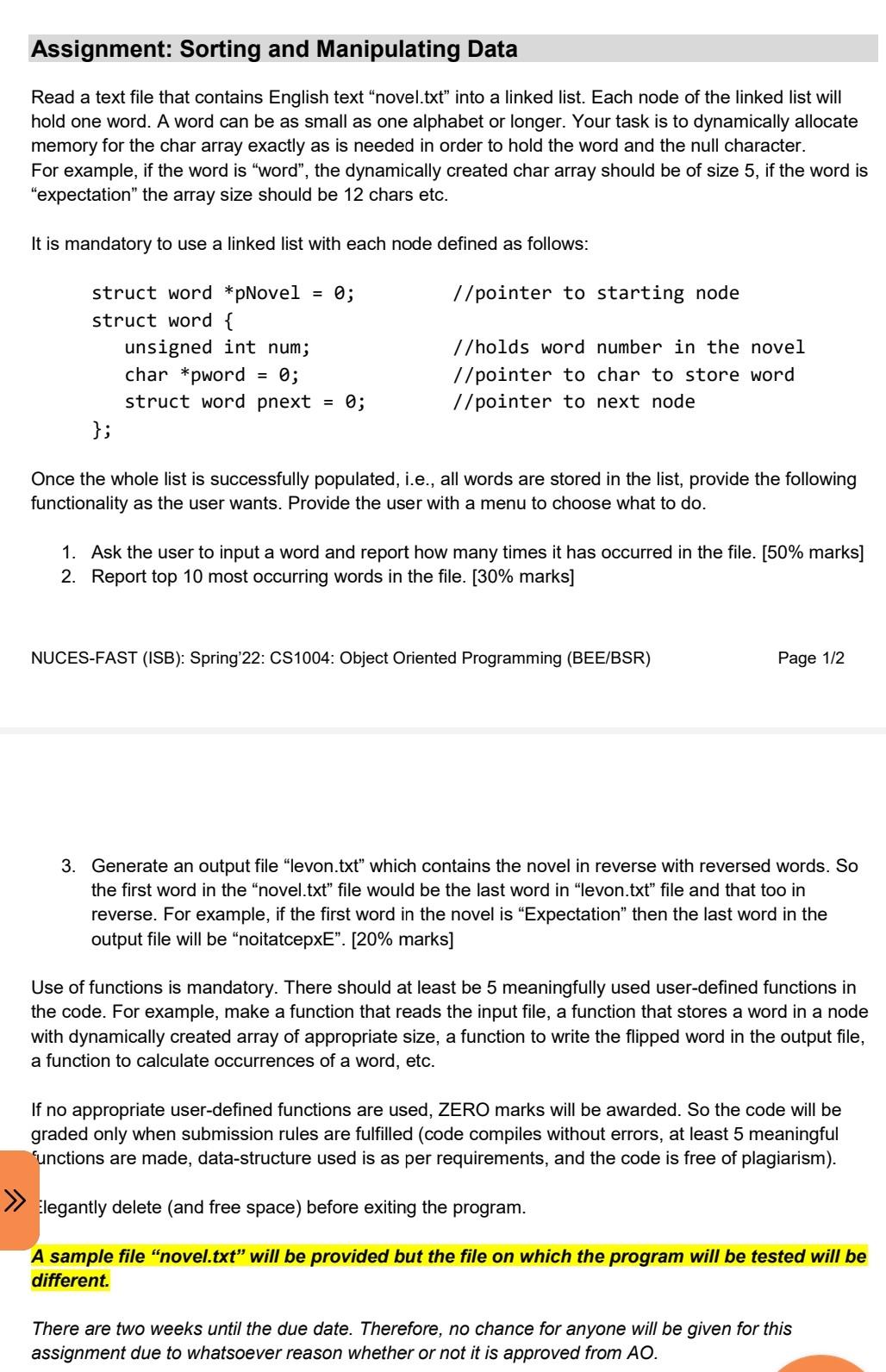 Solved Assignment: Sorting and Manipulating Data Read a text | Chegg.com