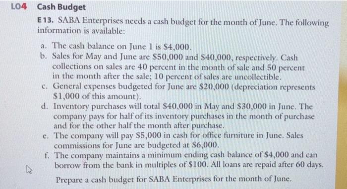 Solved LO4 Cash Budget E 13. SABA Enterprises needs a cash | Chegg.com
