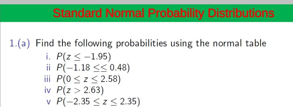 Solved Standard Normal Probability Distributions 1.(a) Find | Chegg.com