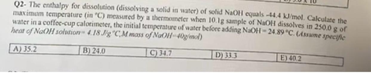 Solved Q2- ﻿The enthalpy for dissolution (dissolving a solid | Chegg.com