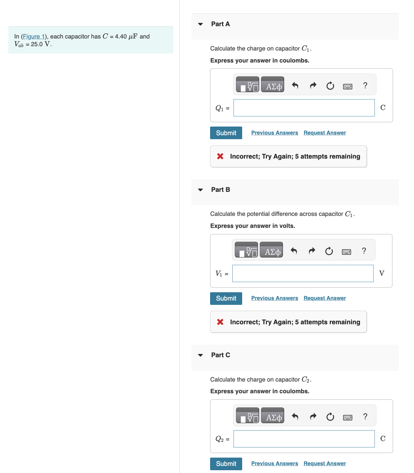 Solved Part AIn (Figure 1), ﻿each capacitor has C=4.40μF | Chegg.com