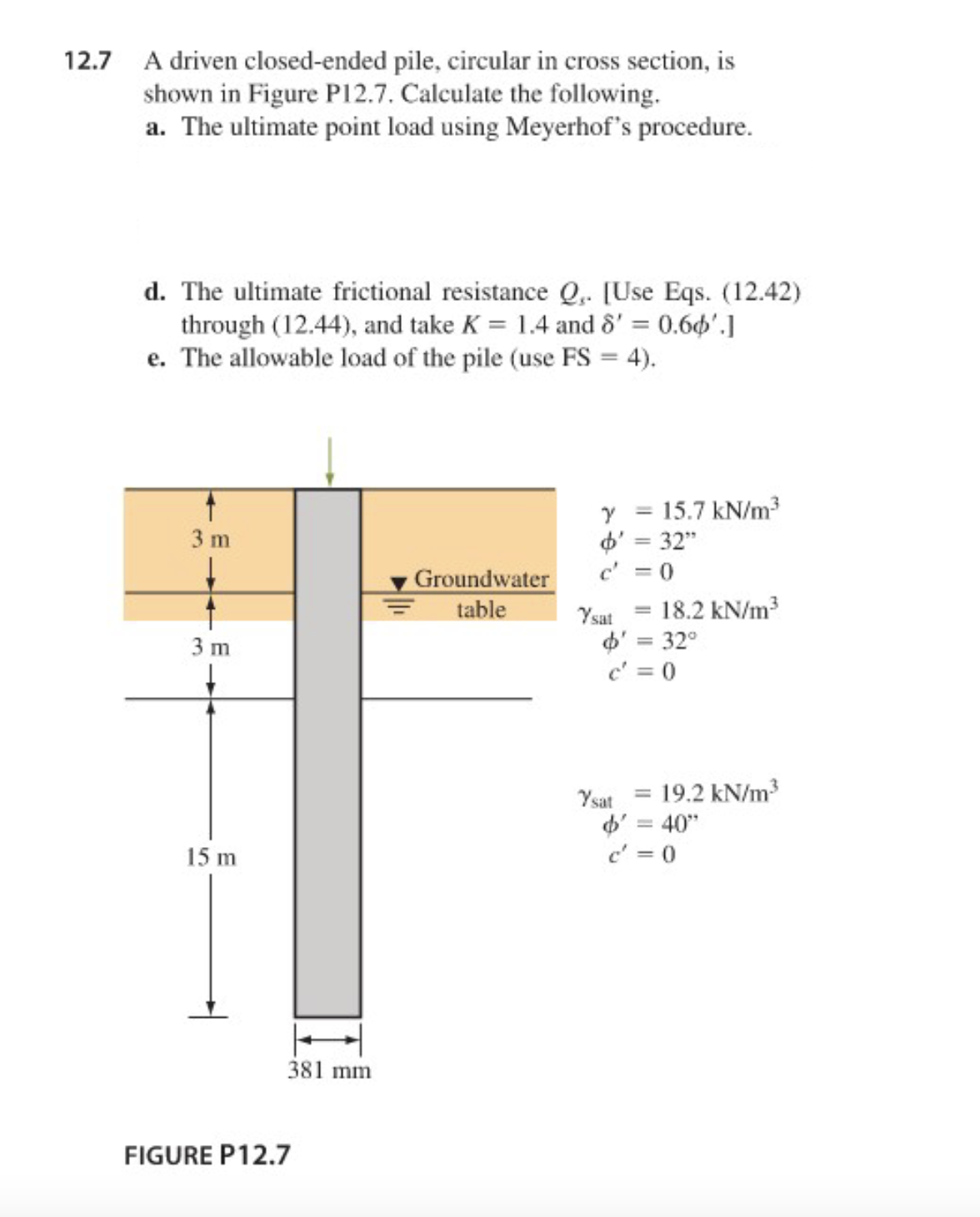 Solved 12.7 ﻿A driven closed-ended pile, circular in ﻿cross | Chegg.com