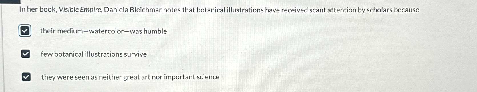 Solved In her book, Visible Empire, Daniela Bleichmar notes | Chegg.com