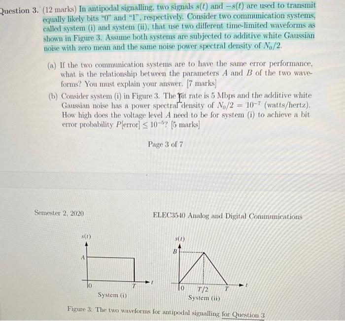 Solved 3. (12 marks) In antipodal signalling, two signals | Chegg.com