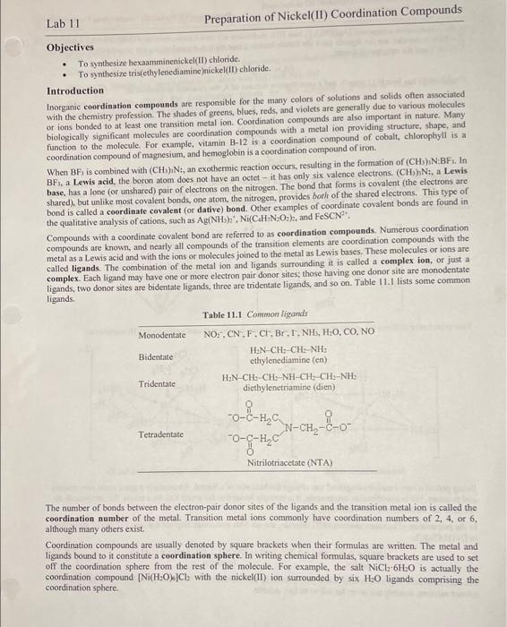 Solved Lab 11 Preparation of Nickel(II) Coordination | Chegg.com