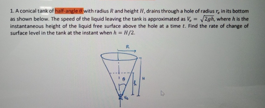 Solved A conical tank of half-angle θ ﻿with radius R ﻿and | Chegg.com
