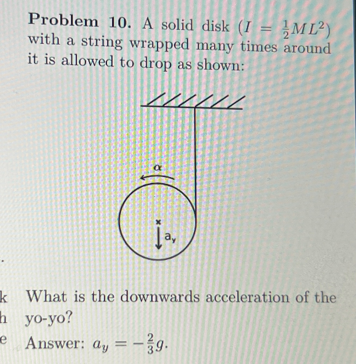 Solved Problem 10. ﻿A solid disk )=(12ML2 ﻿with a string | Chegg.com
