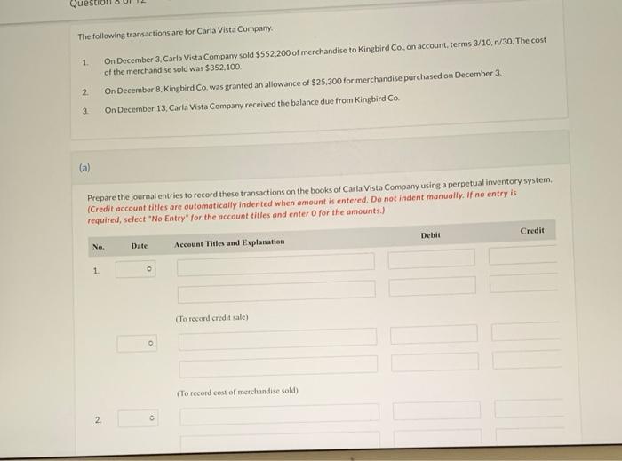 Solved The following transactions are for Carla Vista | Chegg.com