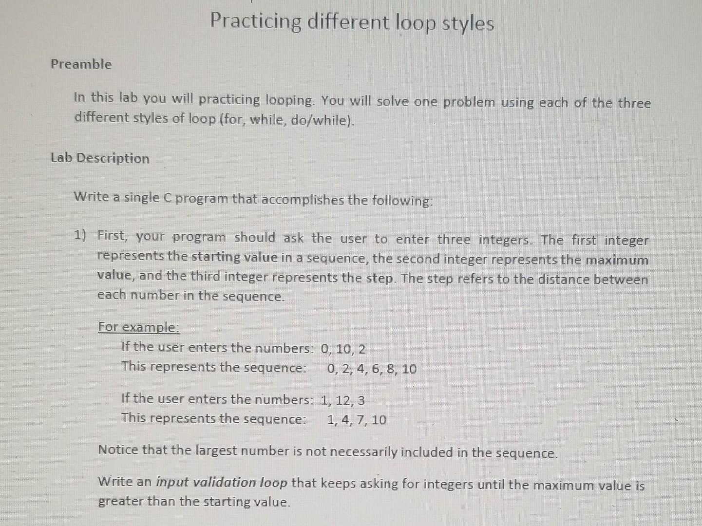 Solved Practicing different loop styles Preamble In this lab | Chegg.com