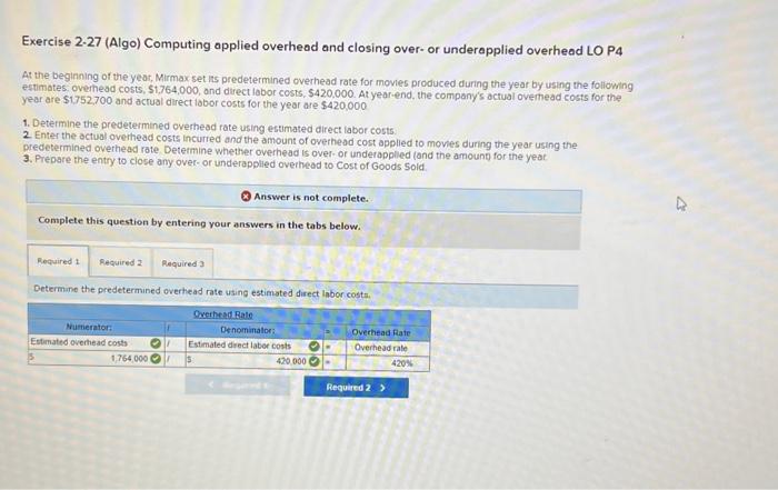 Solved Exercise 2-27 (Algo) Computing applied overhead and | Chegg.com