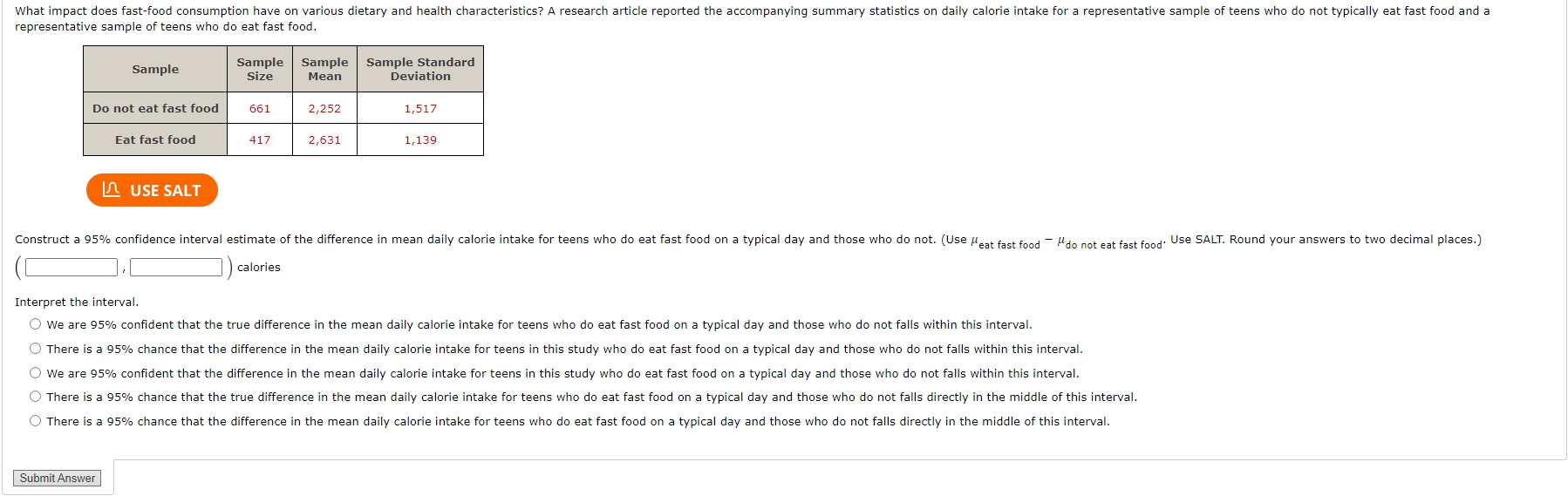 Solved representative sample of teens who do eat fast | Chegg.com