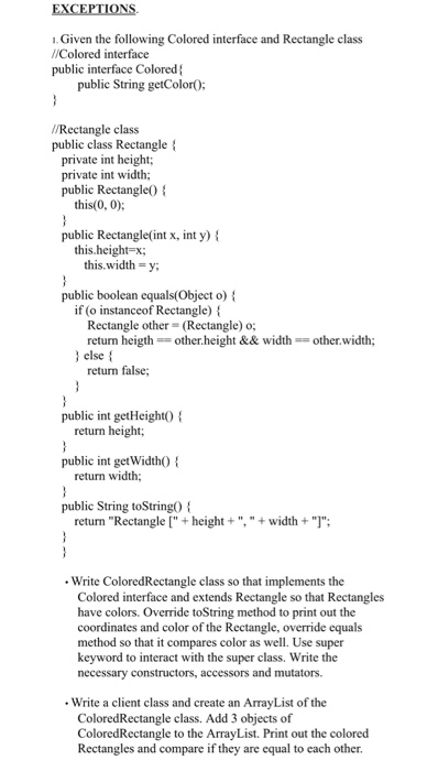 Solved EXCEPTIONS 1. Given the following Colored interface | Chegg.com