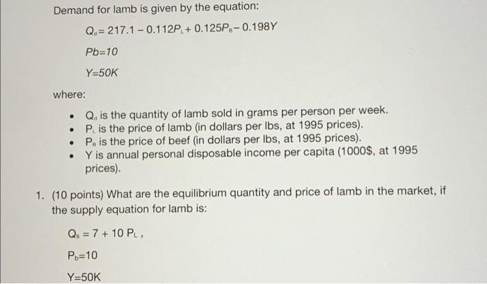 Solved Demand for lamb is given by the equation: | Chegg.com