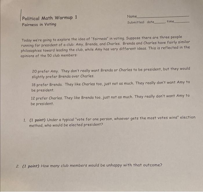 Solved Political Math Warmup 1 Fairness in Voting Name | Chegg.com
