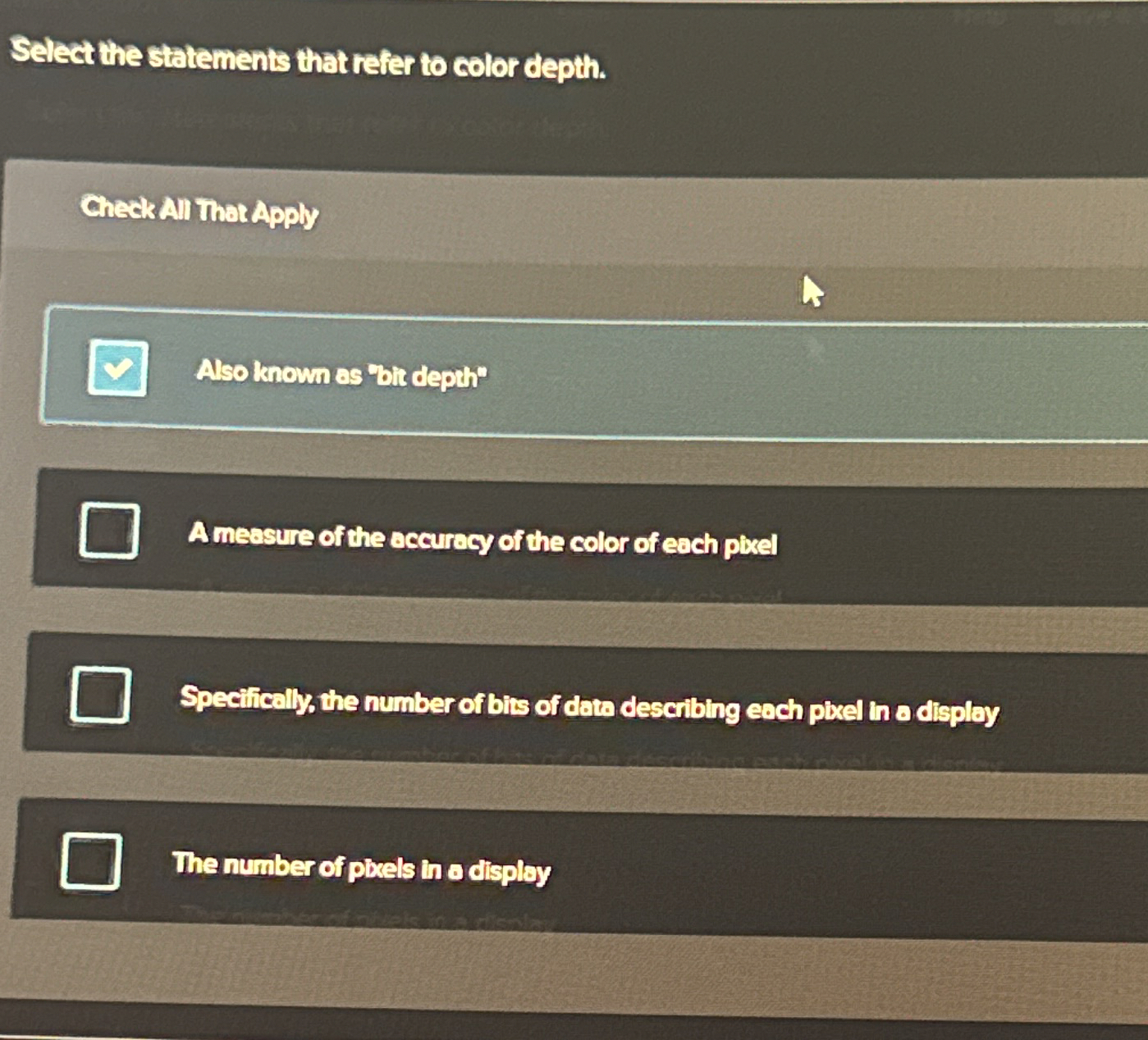 Solved Select the statements that refer to color depth.Gheck | Chegg.com