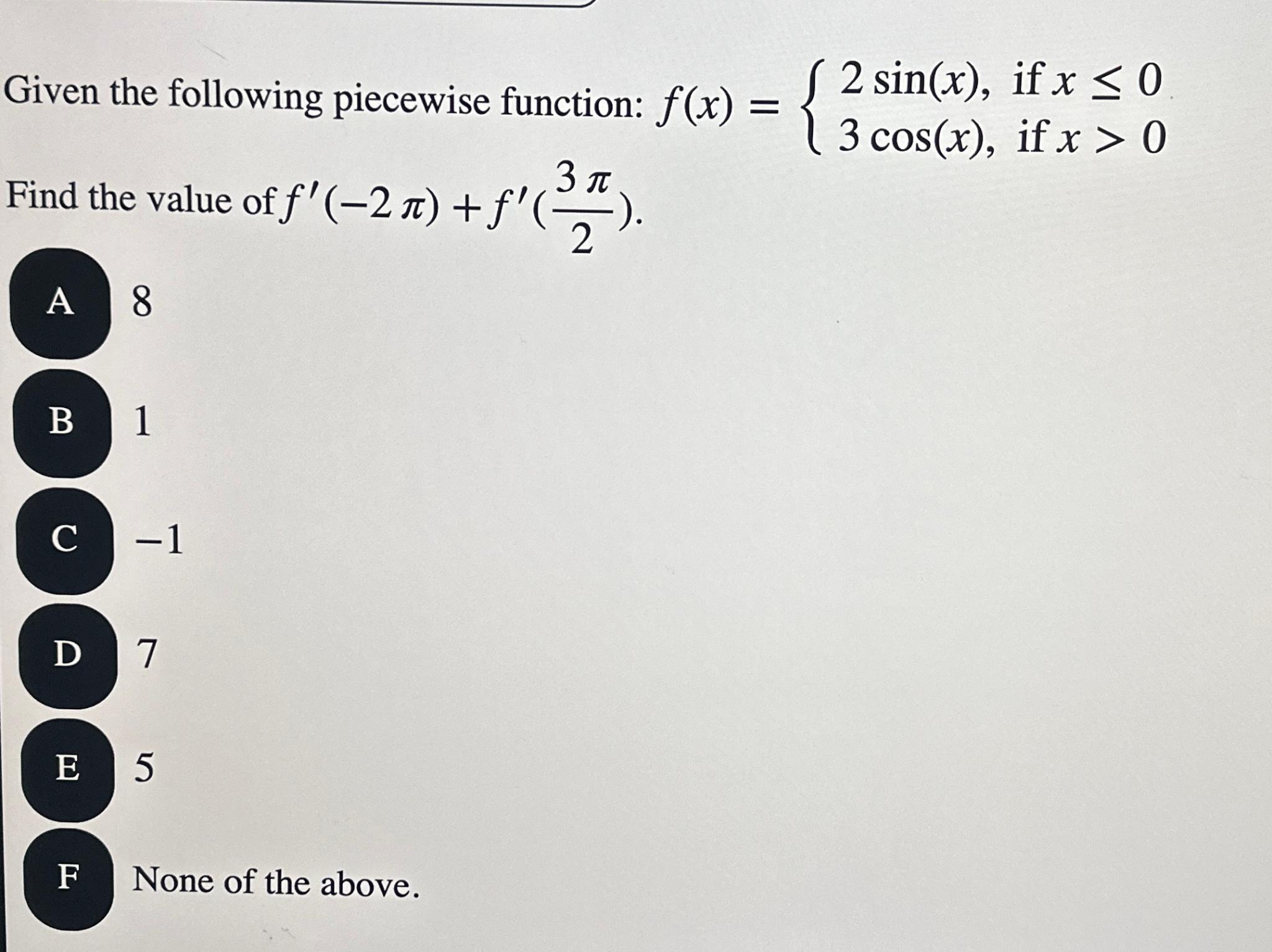 Solved Given the following piecewise function: | Chegg.com