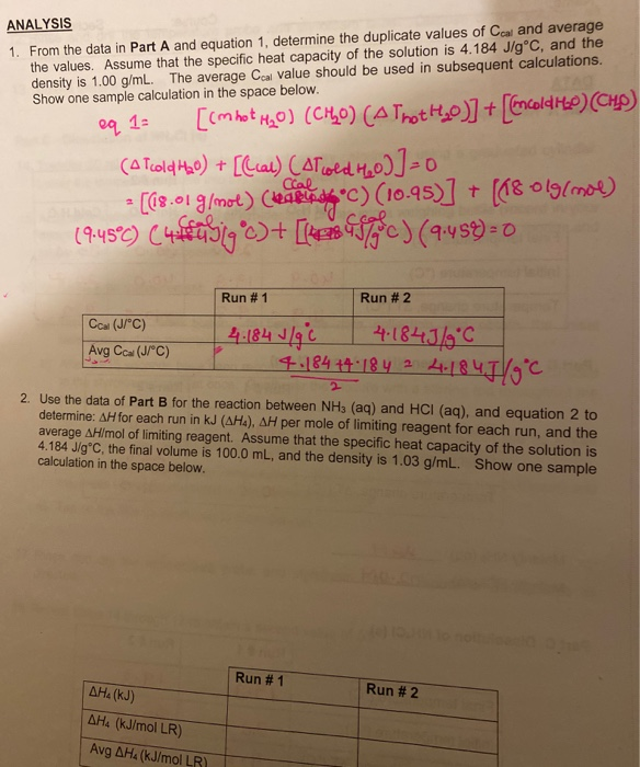 Solved ANALYSIS 1. From the data in Part A and equation 1, | Chegg.com