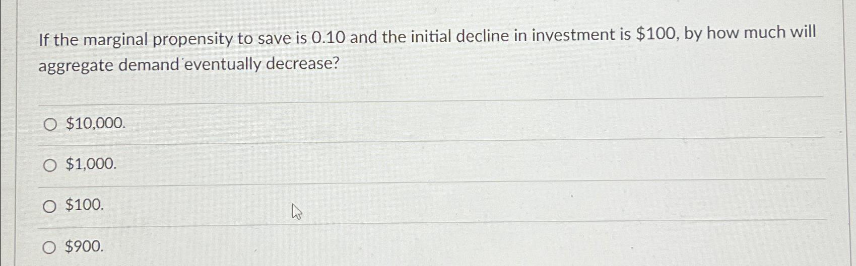 Solved If the marginal propensity to save is 0.10 ﻿and the | Chegg.com