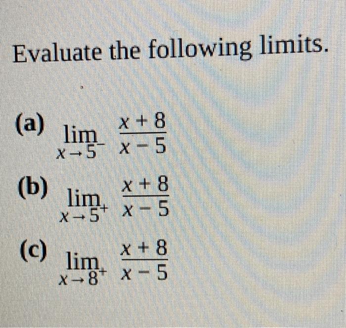 Solved Evaluate the following limits. (a) limx→5−x−5x+8 (b) | Chegg.com