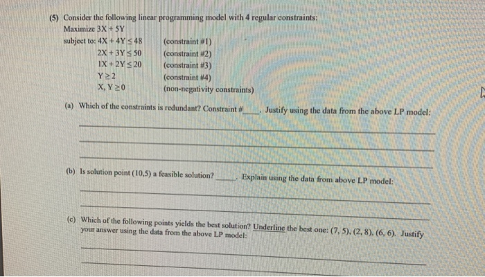 Solved (5) Consider the following linear programming model | Chegg.com