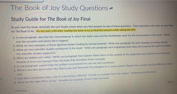 The Book of Joy Study Questions A* Study Guide for | Chegg.com