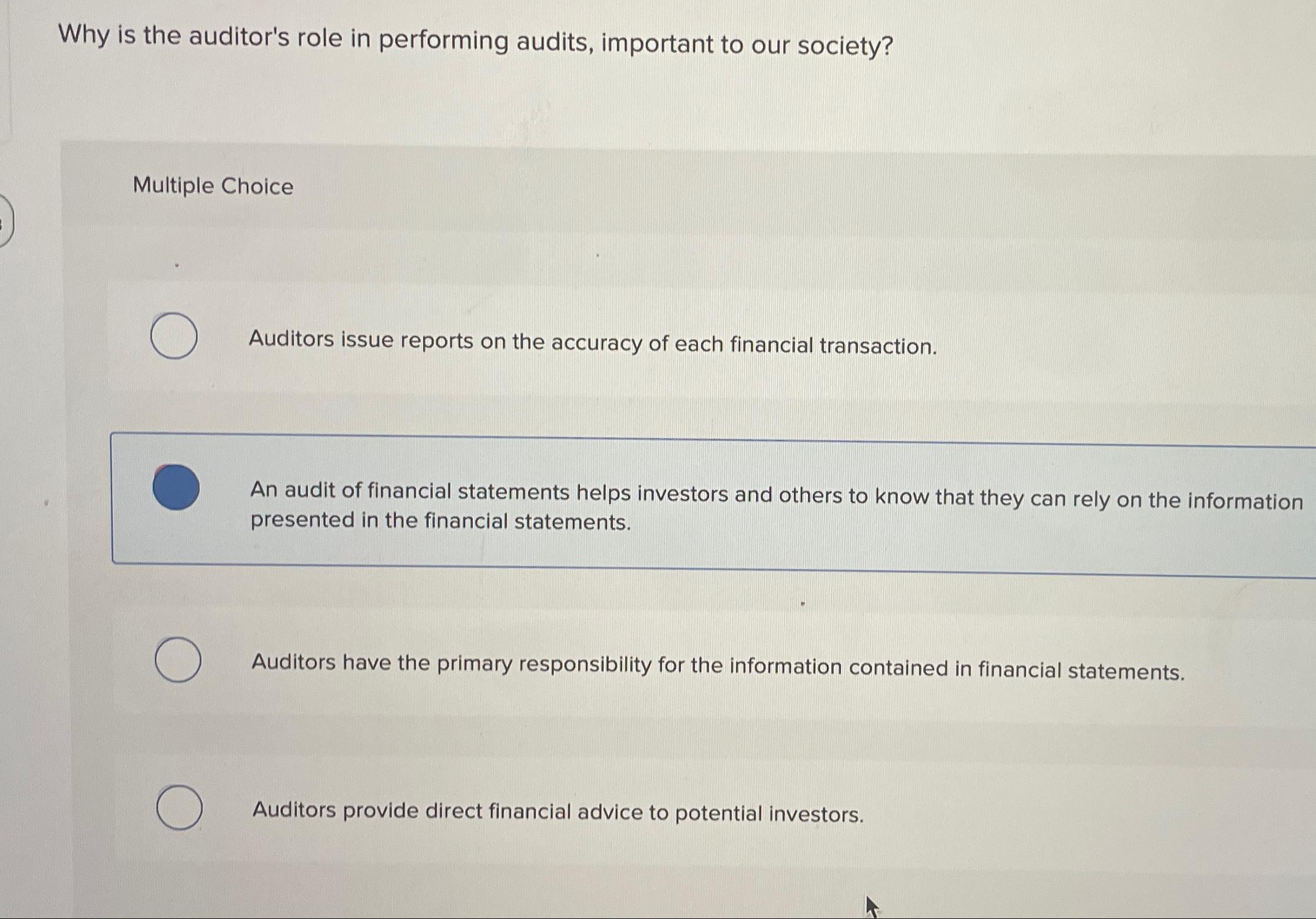 Solved Why is the auditor's role in performing audits, | Chegg.com