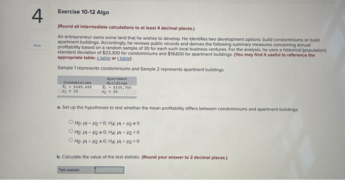 Solved Exercise 10-12 Algo 4 (Round all intermediate | Chegg.com