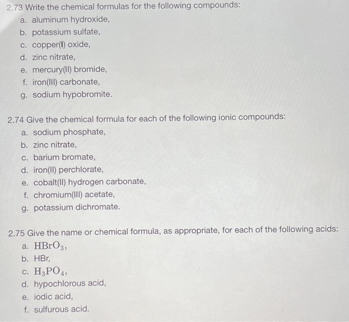 Solved 2.73 Write the chemical formulas for the following | Chegg.com