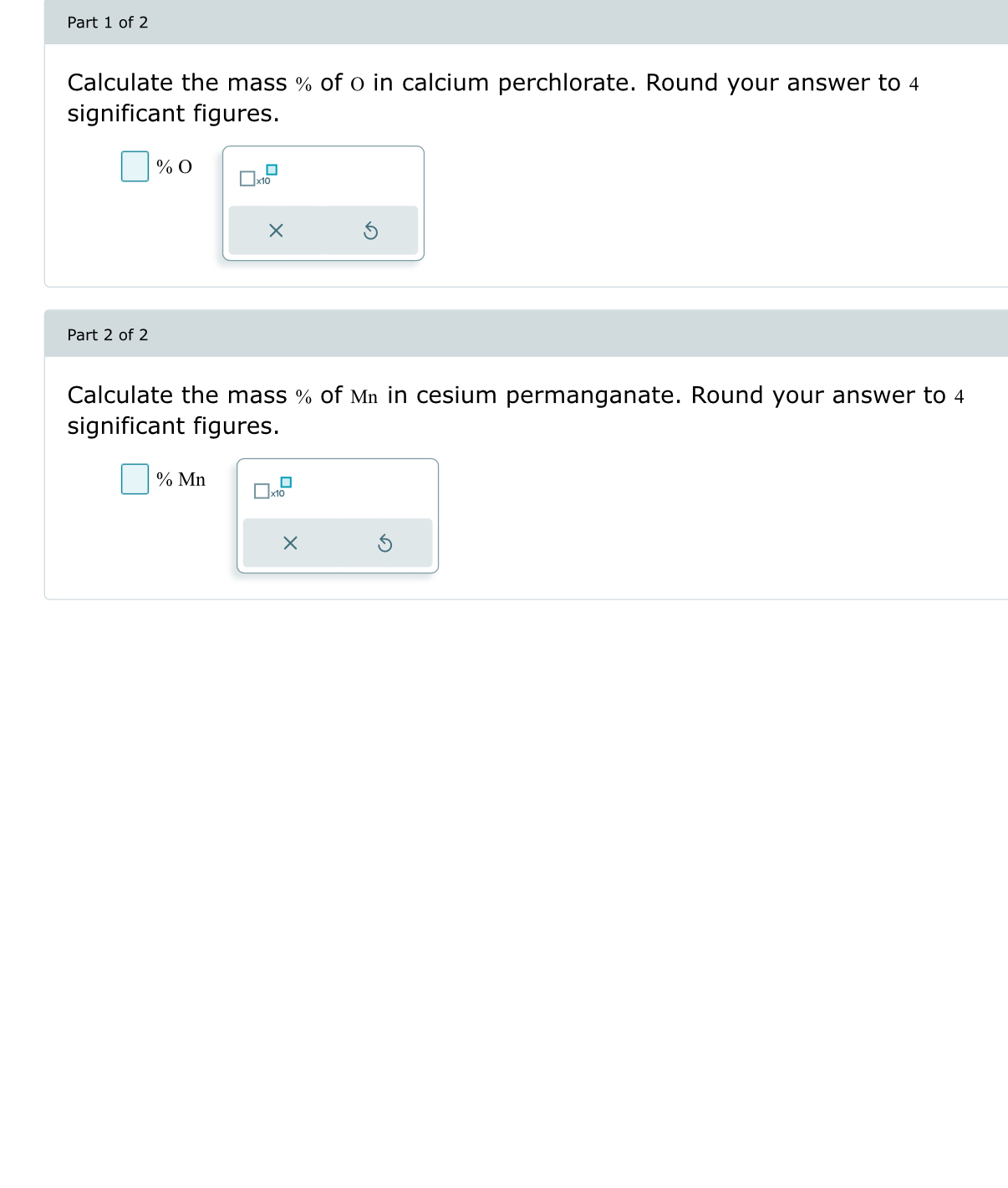 Solved Part 1 ﻿of 2Calculate the mass % ﻿of O ﻿in calcium | Chegg.com