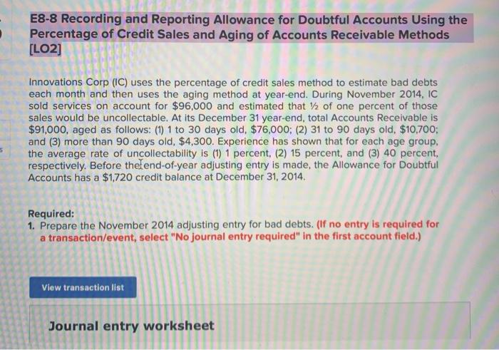 Solved . E8-8 Recording and Reporting Allowance for Doubtful | Chegg.com