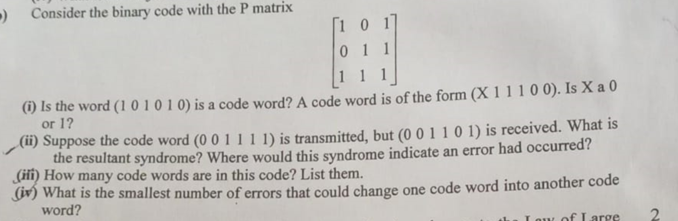 Solved Consider the binary code with the P | Chegg.com