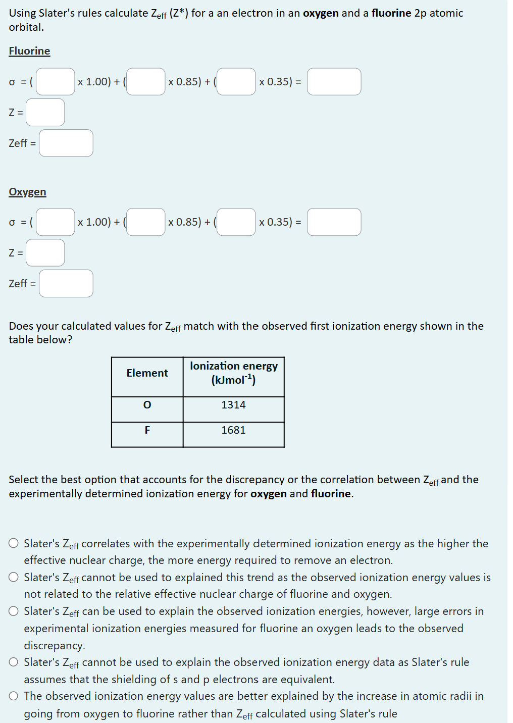 Solved usingusing using Using Slater's rules calculate | Chegg.com