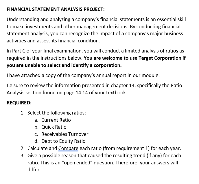 FINANCIAL STATEMENT ANALYSIS PROJECT:Understanding | Chegg.com