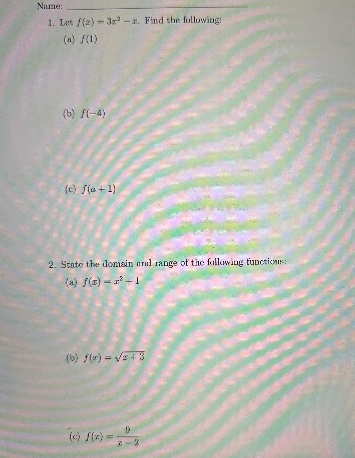 Solved Name:\\nLet f(x)=3x^(2)-x. Find the following:\\n(a) | Chegg.com