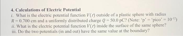 Solved 4. Calculations of Electric Potential i. What is the | Chegg.com