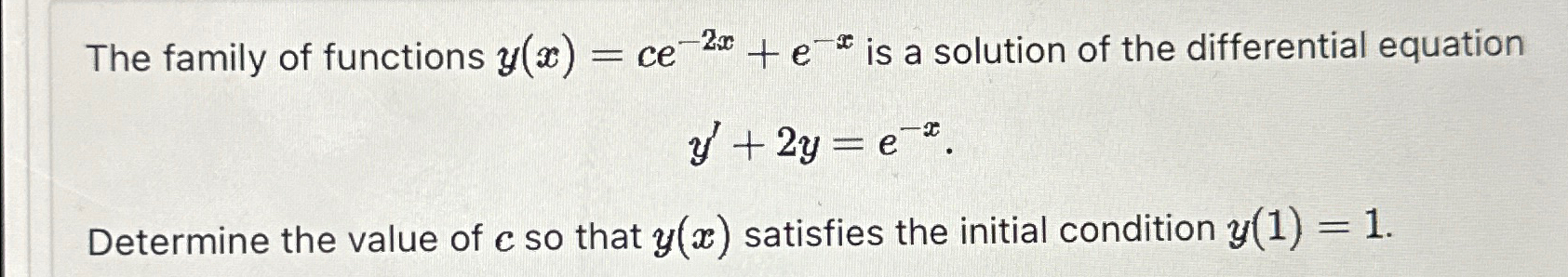 Solved The family of functions y(x)=ce-2x+e-x ﻿is a solution | Chegg.com