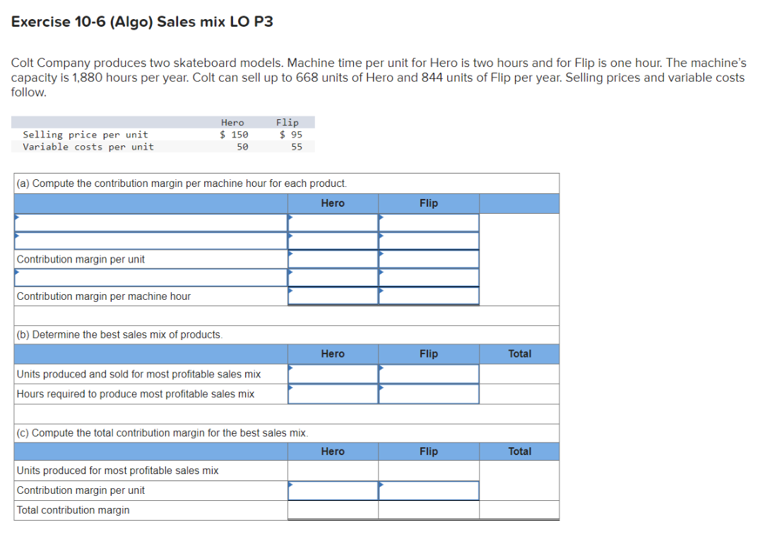 Solved Exercise 10-6 (Algo) ﻿Sales mix LO P3Colt Company | Chegg.com