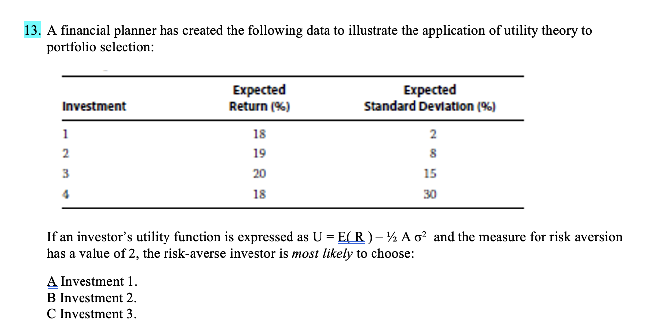 Solved A financial planner has created the following data to | Chegg.com